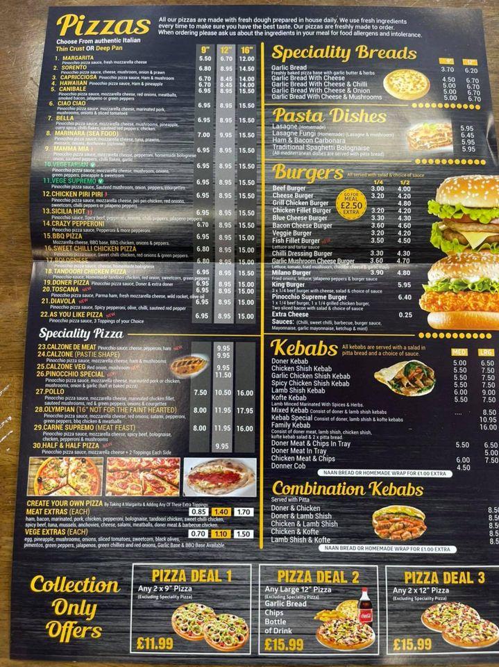 Menu at Pinocchio Pizzas pizzeria, Atherstone
