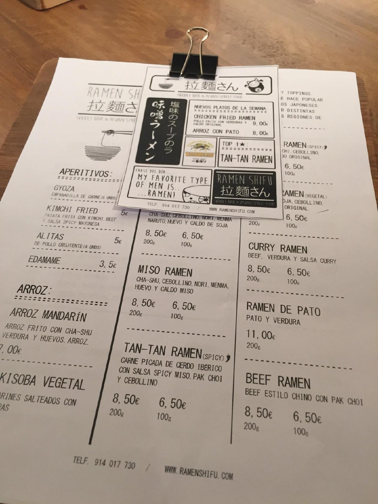 Carta del restaurante Ramen Shifu, Madrid, Cl. del Ayala