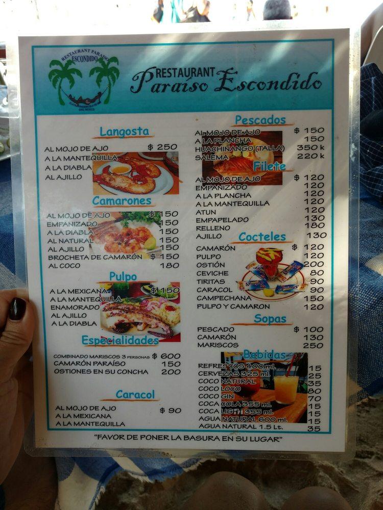 Menu at Restaurante Paraíso Escondido, Ixtapa
