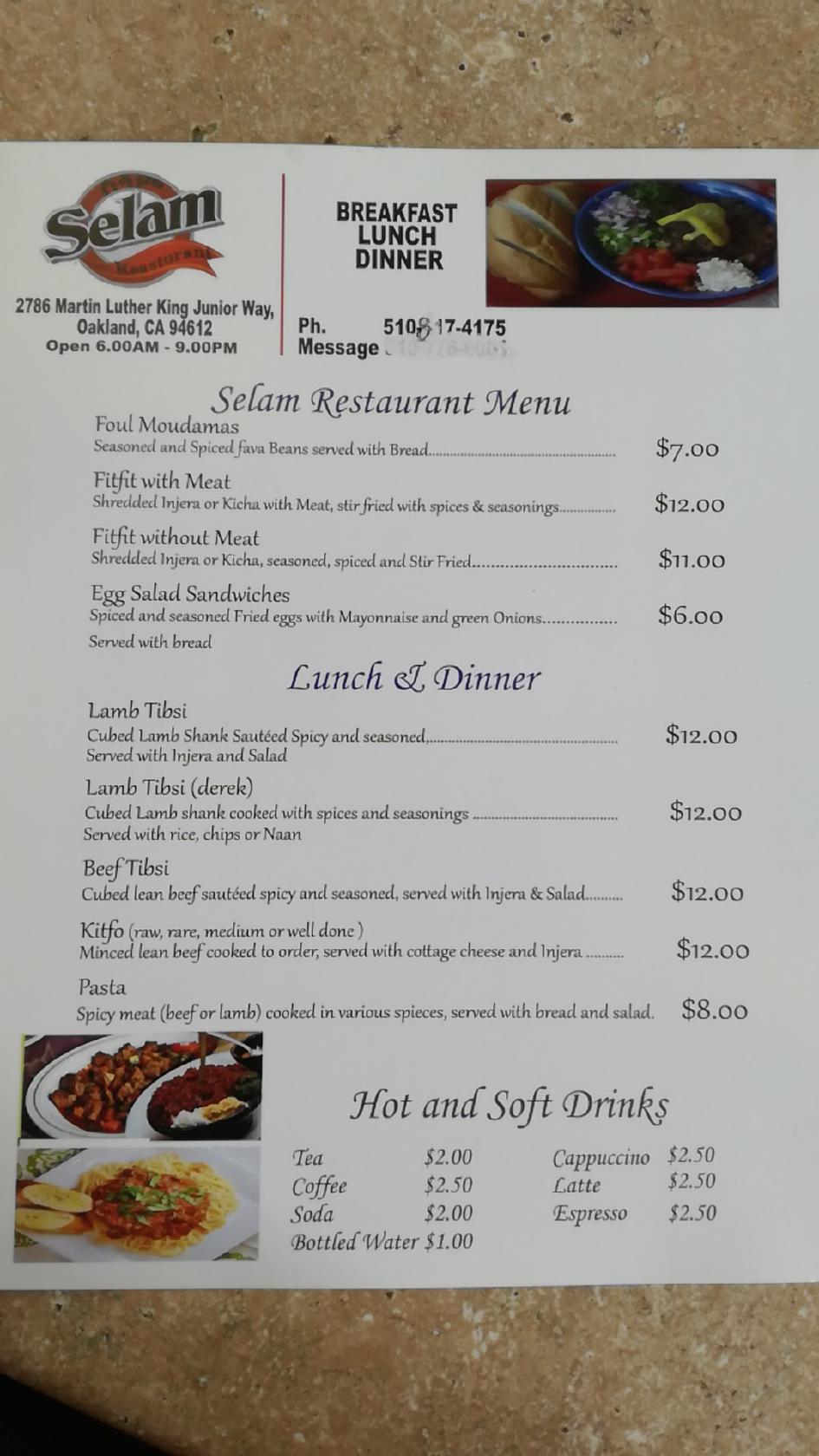 Menu at Selam restaurant, Oakland