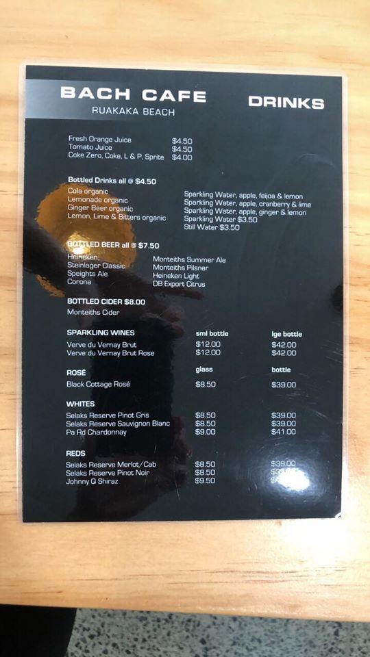 Menu at The Bach Cafe, Ruakaka