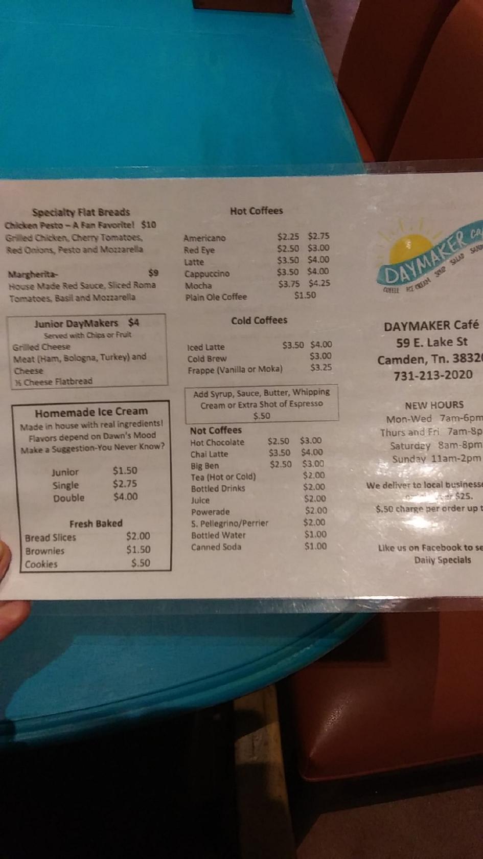 Menu at The DayMaker Cafe, Camden
