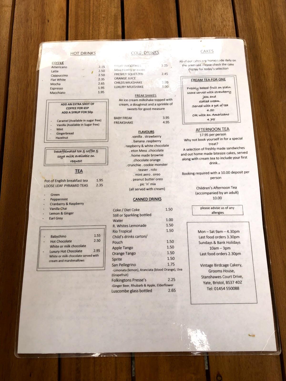 Menu at Vintage Birdcage Cakery cafe, Bristol