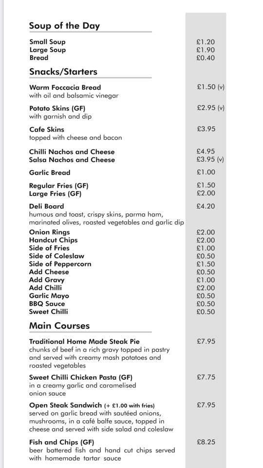 Menu at Cafe Balfe, Greenock