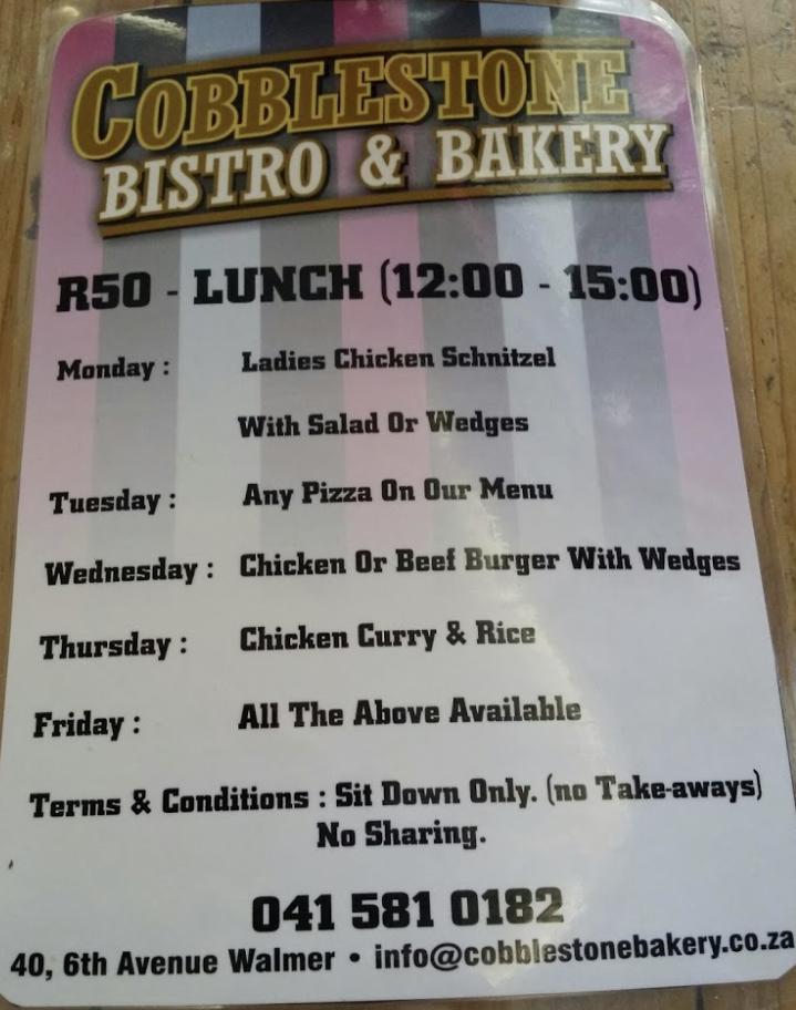 Speisekarte von Cobblestone Bistro & Bakery, Port Elizabeth, 40 6th Ave