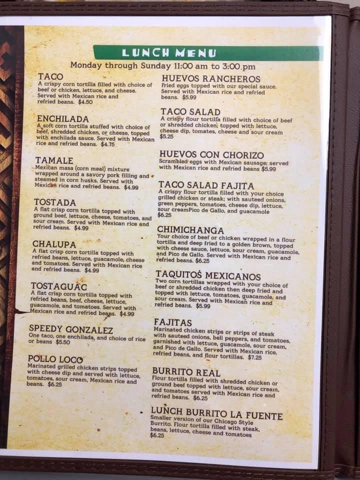 Menu at La Fuente Mexican Restaurant, Flora, E North Ave
