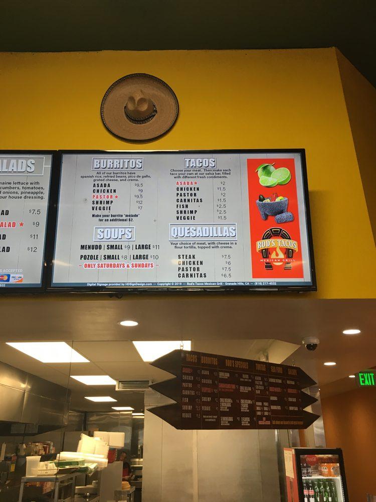 Menu at Rod's Tacos Mexican Grill restaurant, Los Angeles
