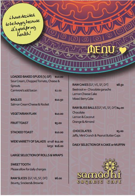 Menu at Samadhi Cafe, South Yunderup