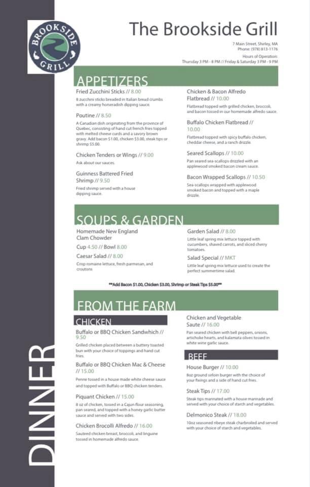 Menu at The Brookside Grill restaurant, Shirley