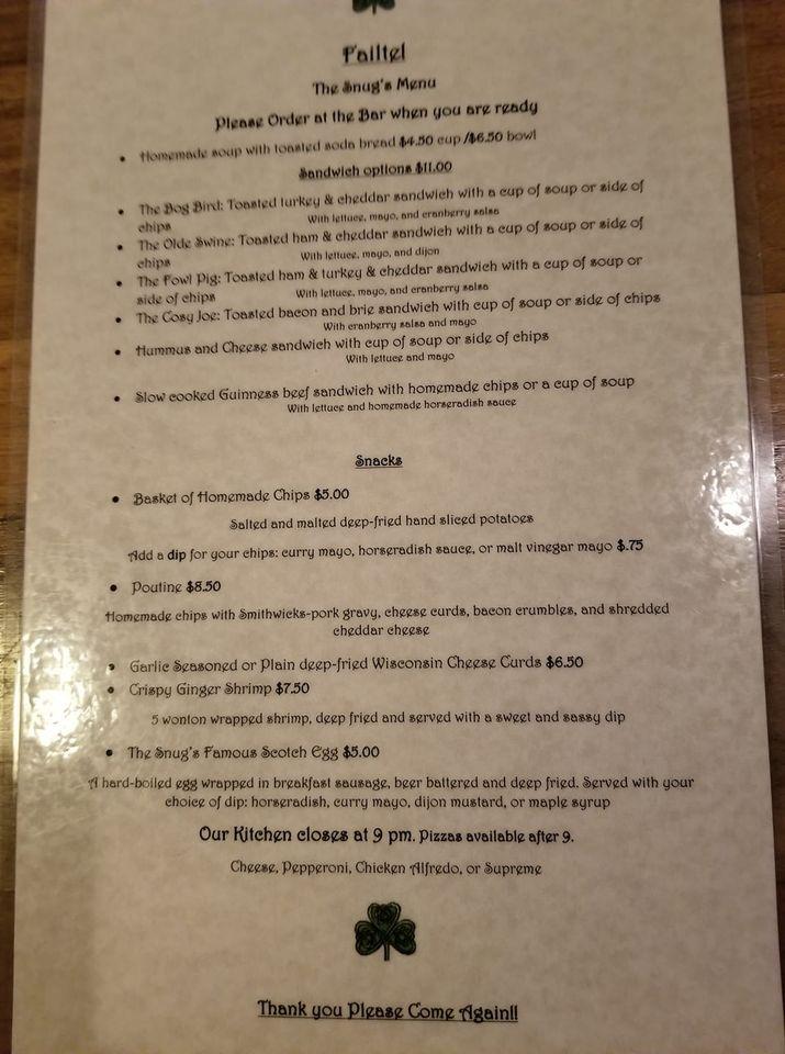 Menu at The Snug pub & bar, Washburn, 308 W Bayfield St