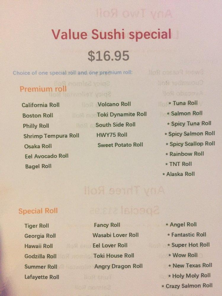 Menu at Toki sushi& steak house restaurant, LaFayette