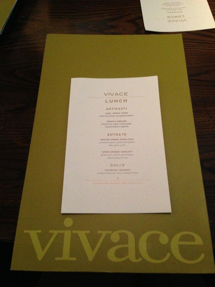 Menu at Vivace restaurant, Raleigh