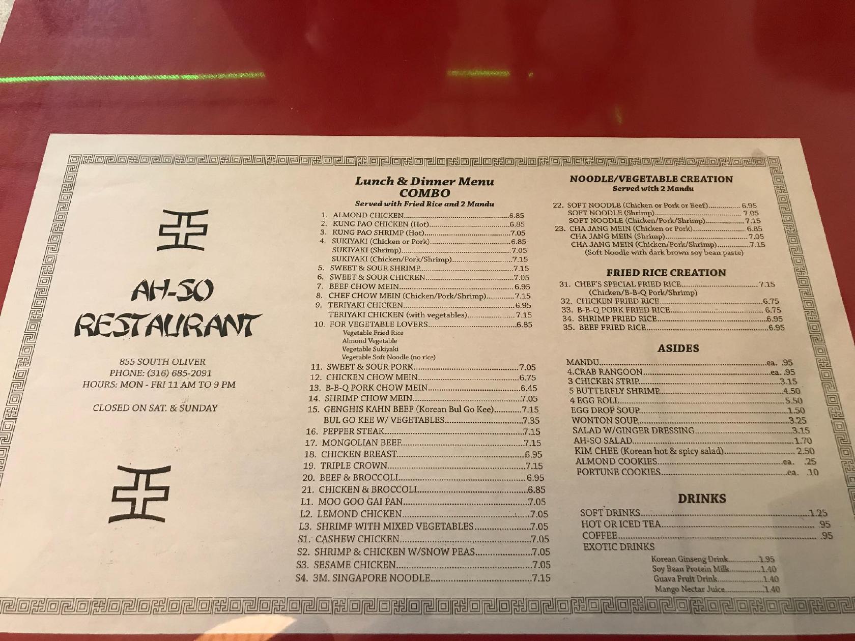 Menu at Ah-So Oriental Restaurant, Wichita, 855 Oliver