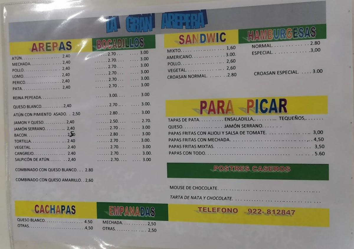 Menu at La Gran Arepera pub & bar, Icod de los Vinos