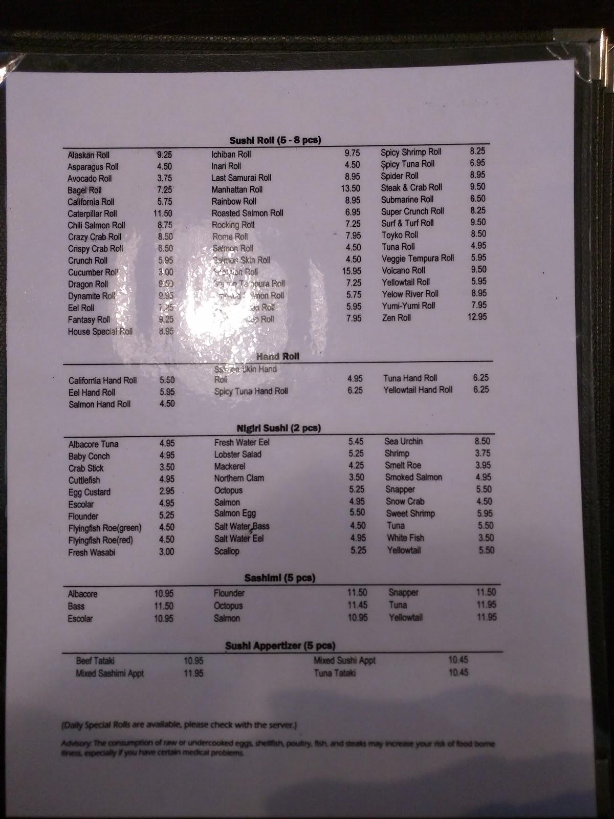 Menu at Blue Fin Restaurant, Rome