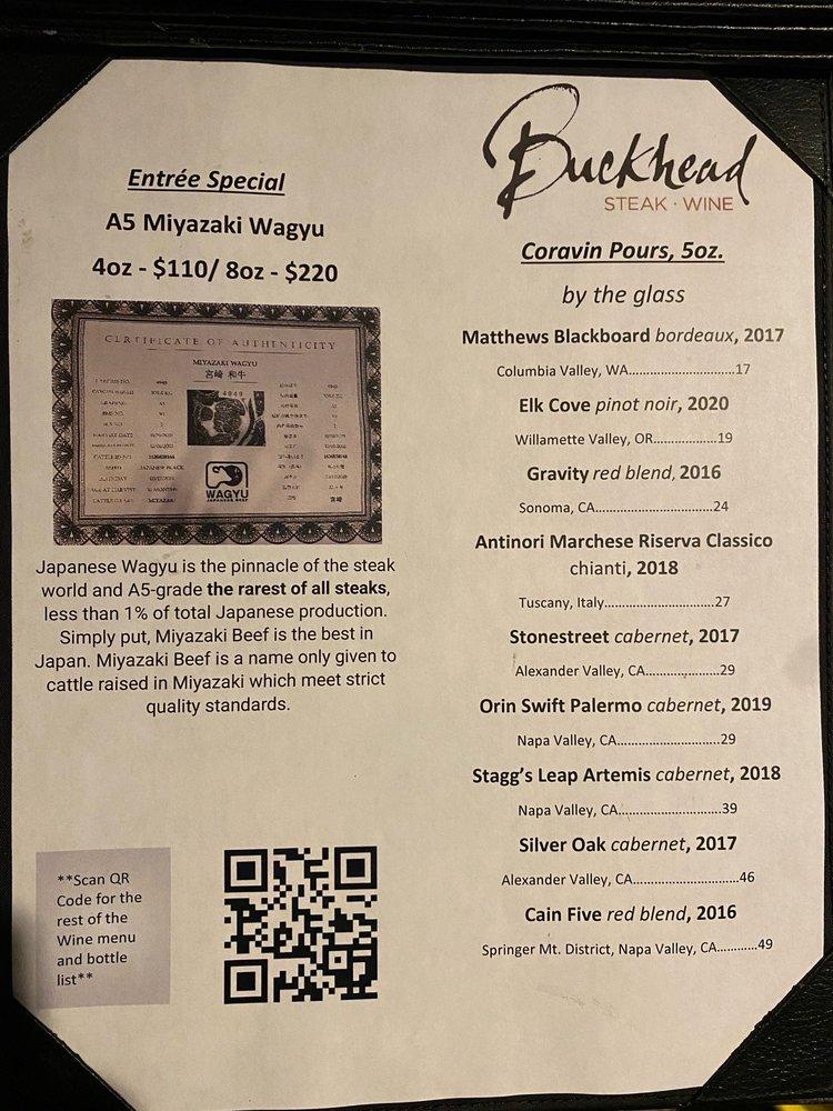 Menu at Buckhead Steak & Wine steakhouse, Columbus