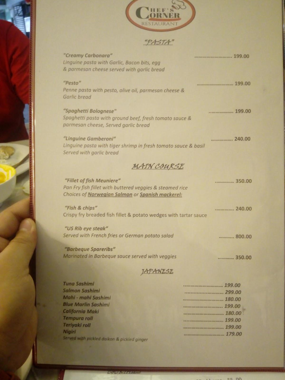 Carta de Chef's Corner Restaurant, Dinalupihan
