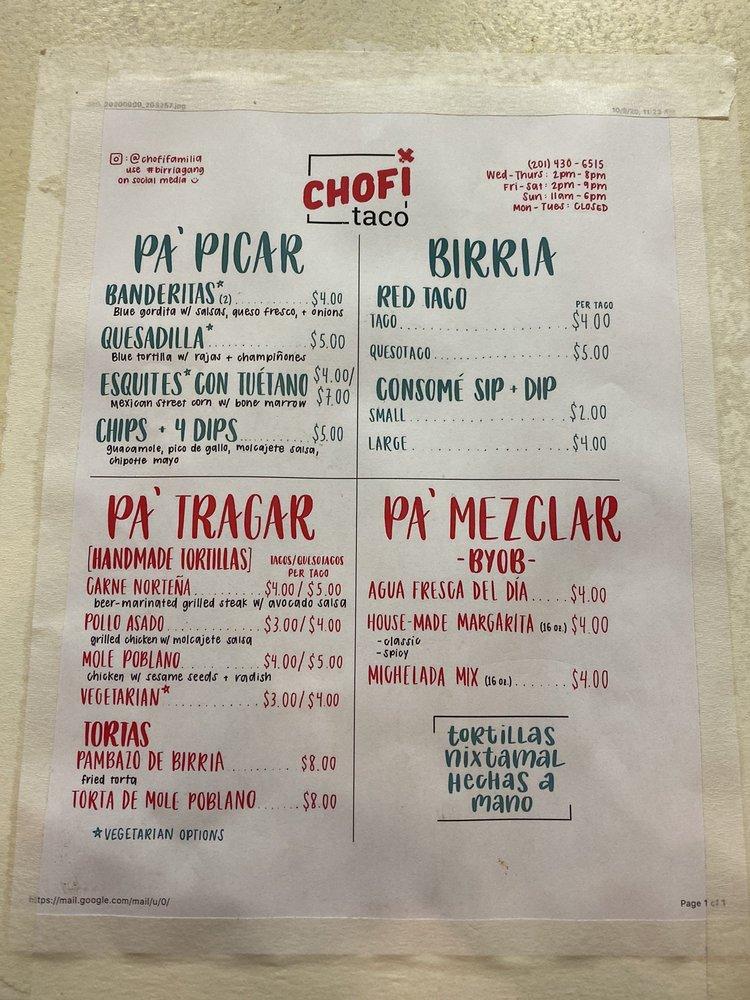 Menu at Chofi Birria restaurant, Union City