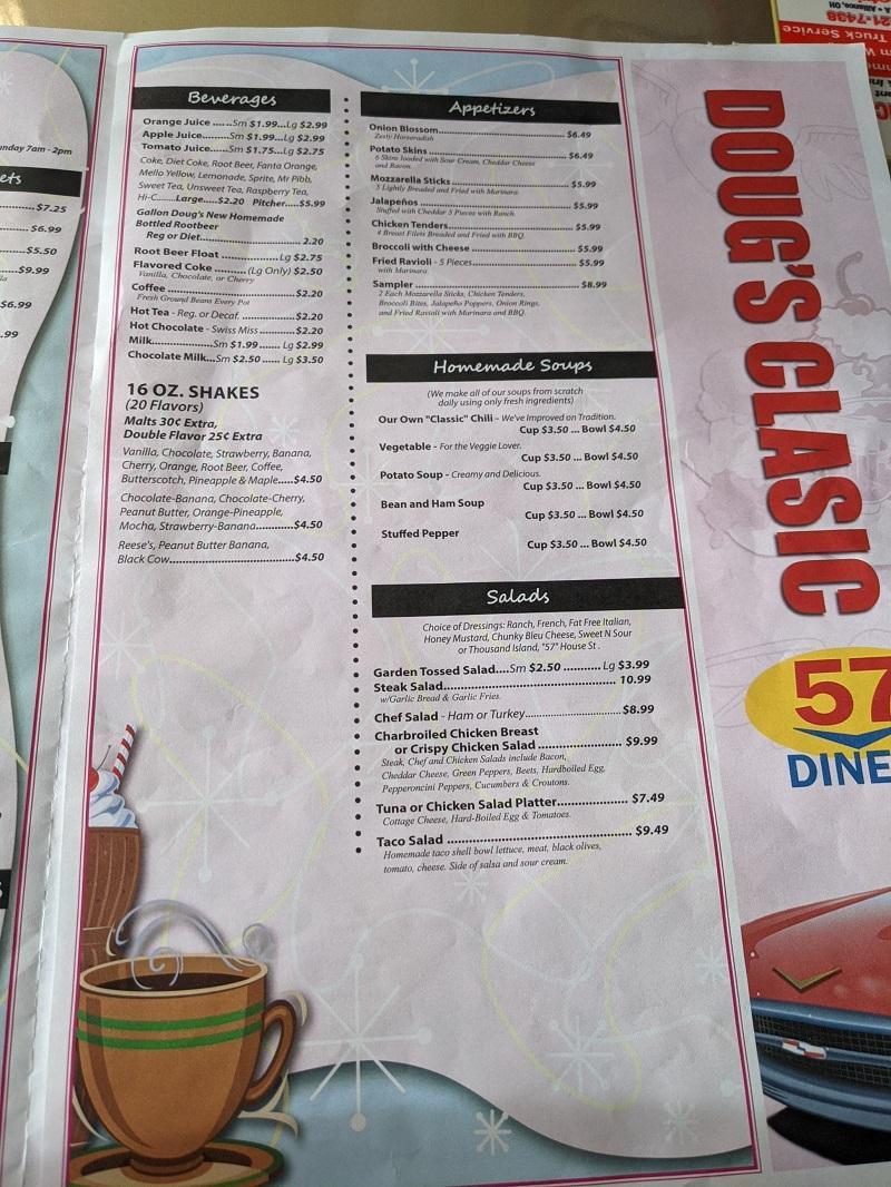 Menu at Doug's Classic '57 Diner cafe, Alliance