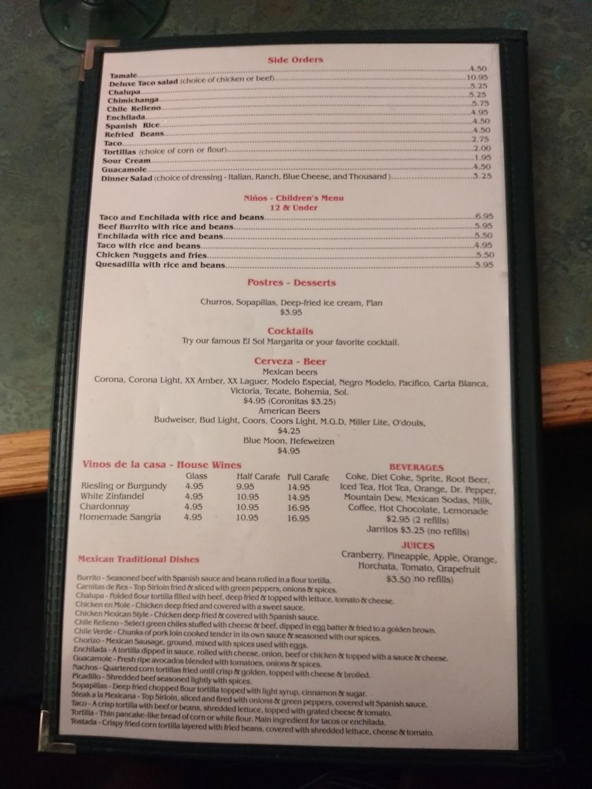 Menu at El Sol de México Tigard restaurant, Tigard