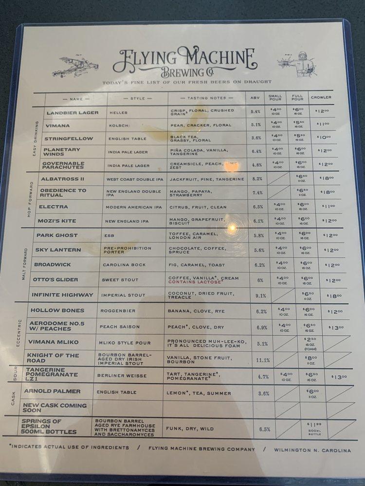 Menu at Flying Machine Brewing Company restaurant, Wilmington