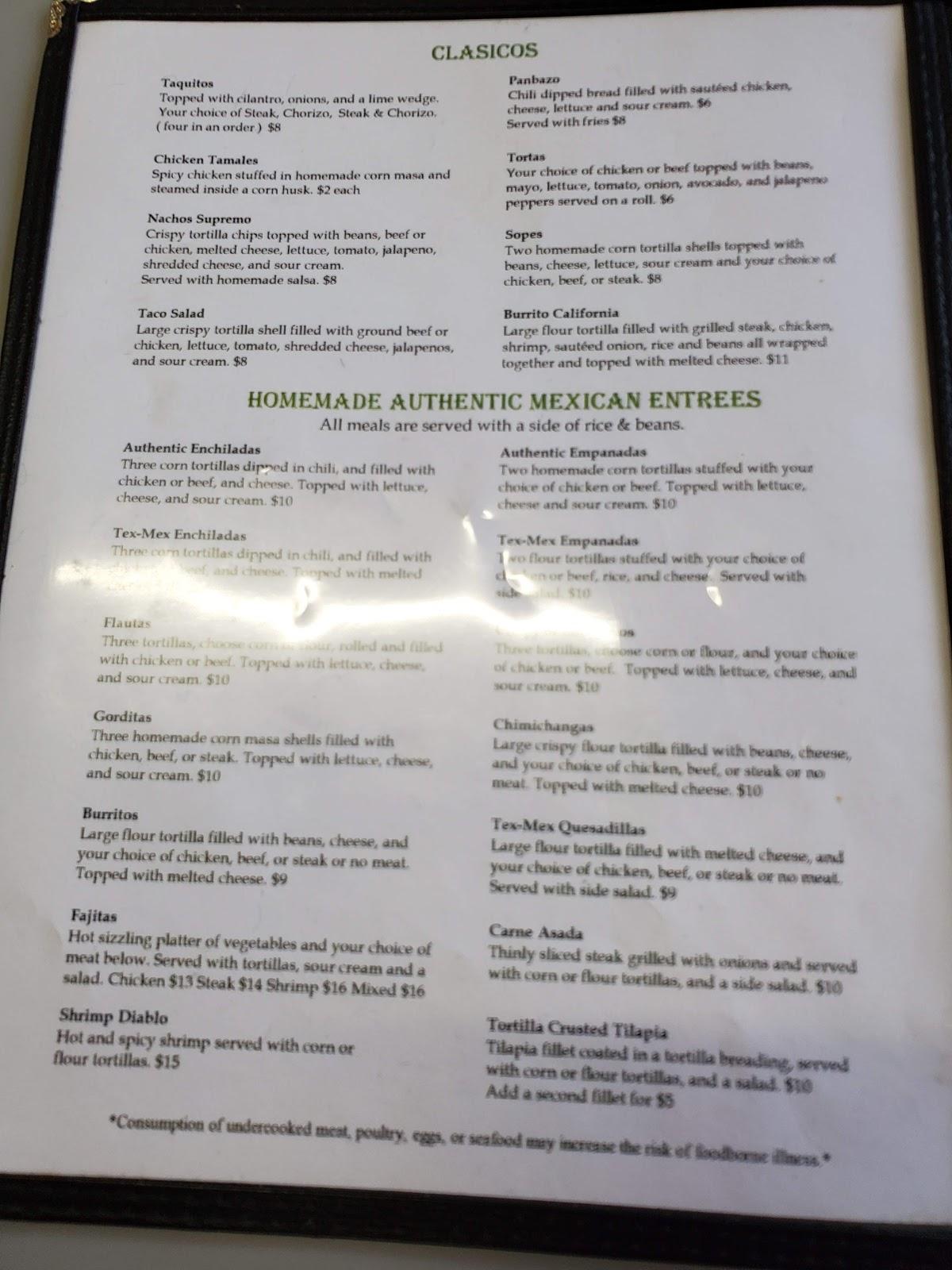 Menu at La Casita De Familia restaurant, Shenandoah
