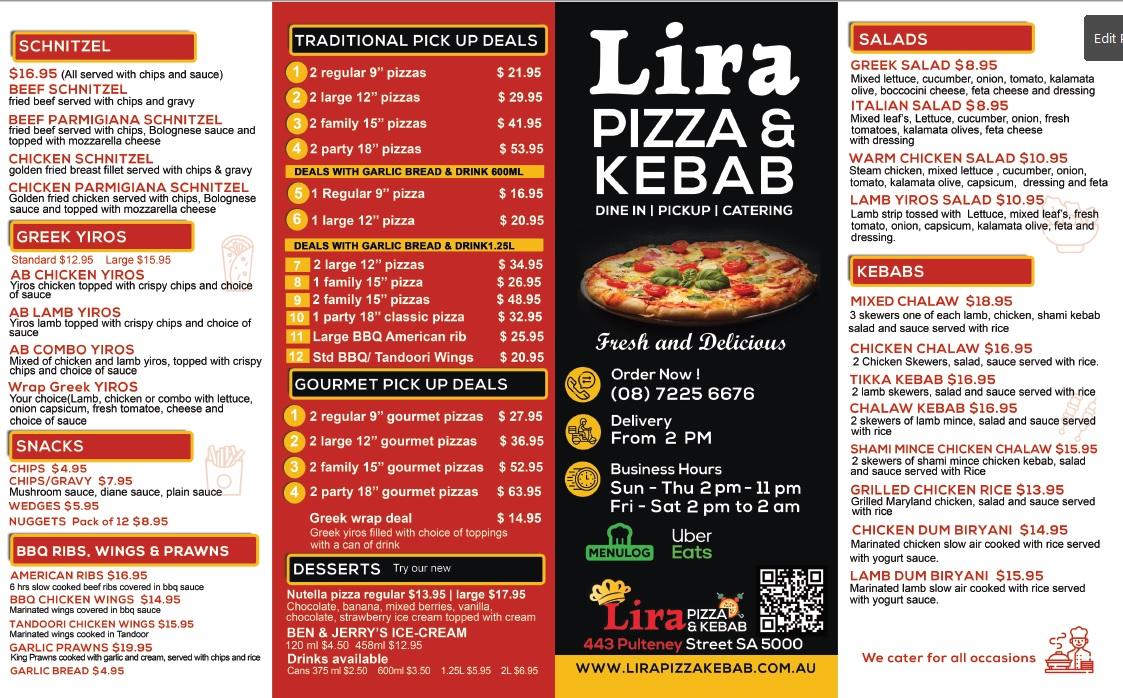Menu at Lira Pizza & Kebab, Adelaide