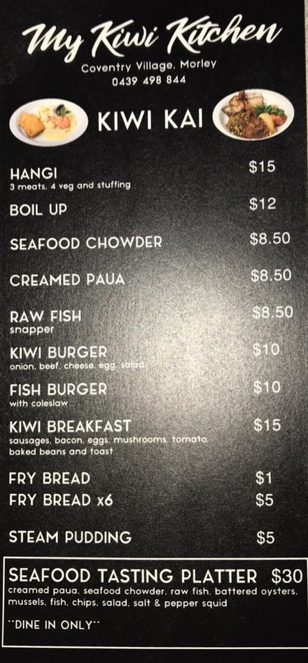 Menu at My Kiwi Kitchen restaurant, Morley