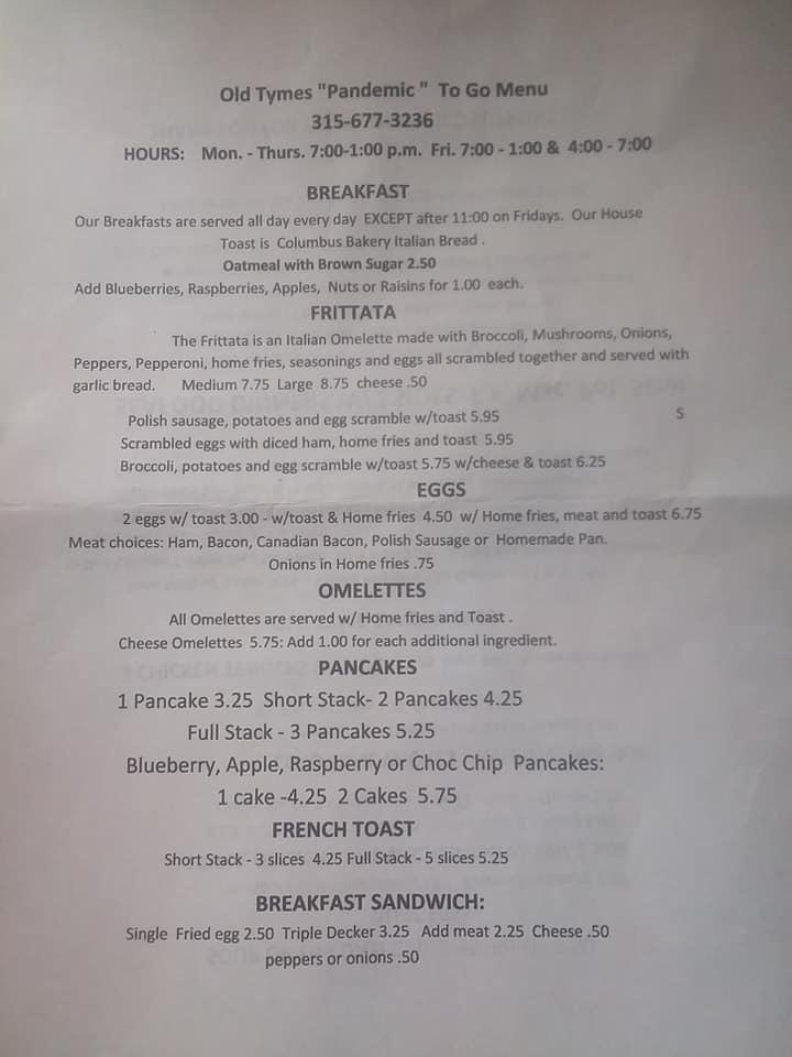 Menu at Old Tymes Cafe, LaFayette