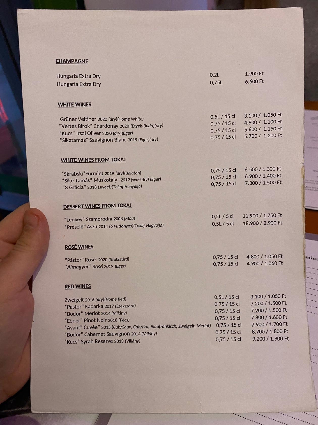 Menu at Parisi 6 restaurant, Budapest