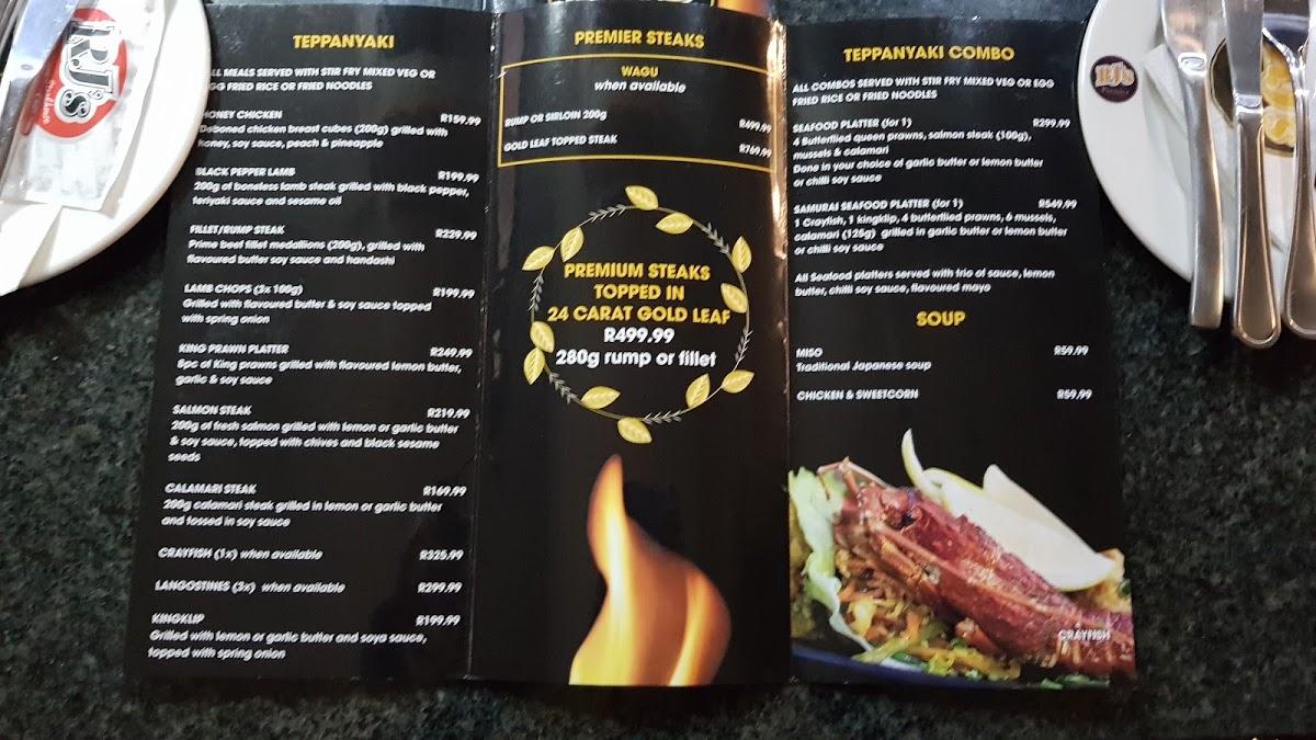 Menu at RJ's Premier restaurant, Pietermaritzburg