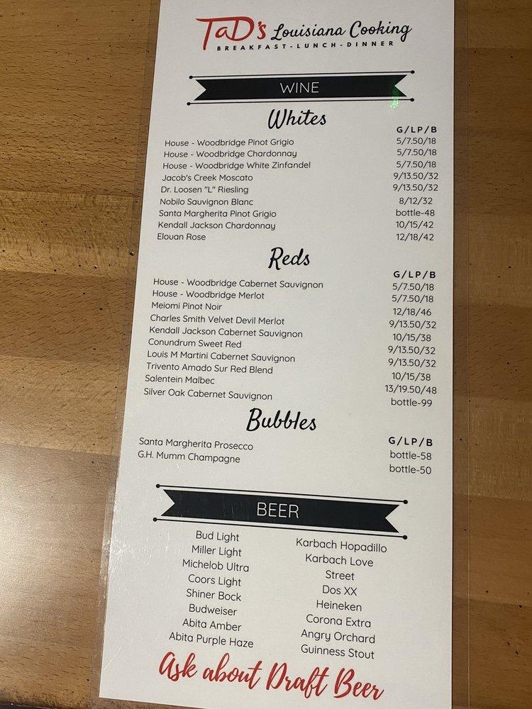Menu at TaD's Louisiana Cooking- College Station restaurant, College ...