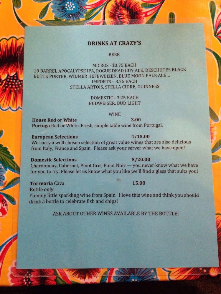 Menu at The Crazy Norwegian's Fish & Chips restaurant, Port Orford