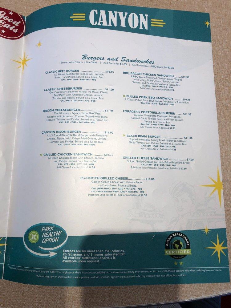 Menu at Canyon Fountain and Grill restaurant, USA