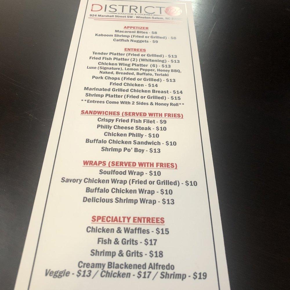 Menu at District 924 restaurant, Winston-Salem