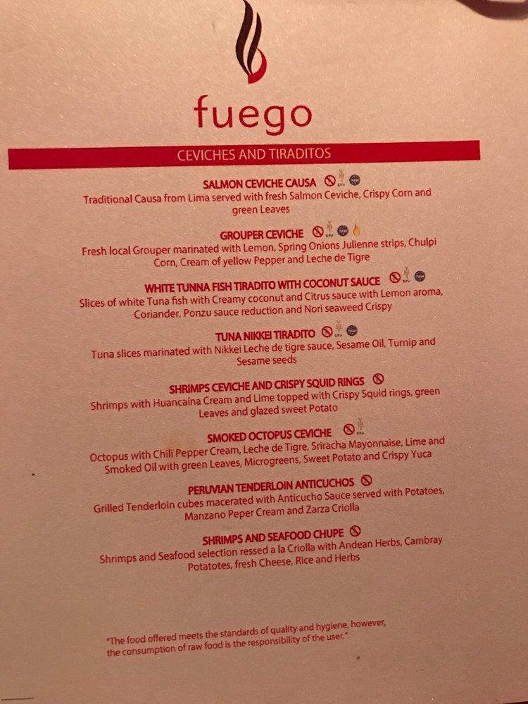 Menu at Fuego restaurant, Playa del Carmen, Calle 5 Nte. 3071