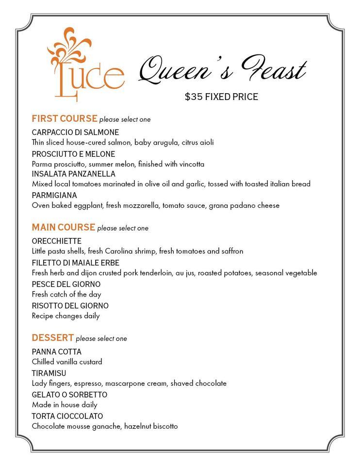 Menu at Luce restaurant, Charlotte