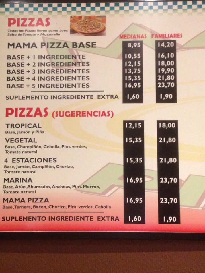 Menu at Mama Pizza restaurant, Madrid