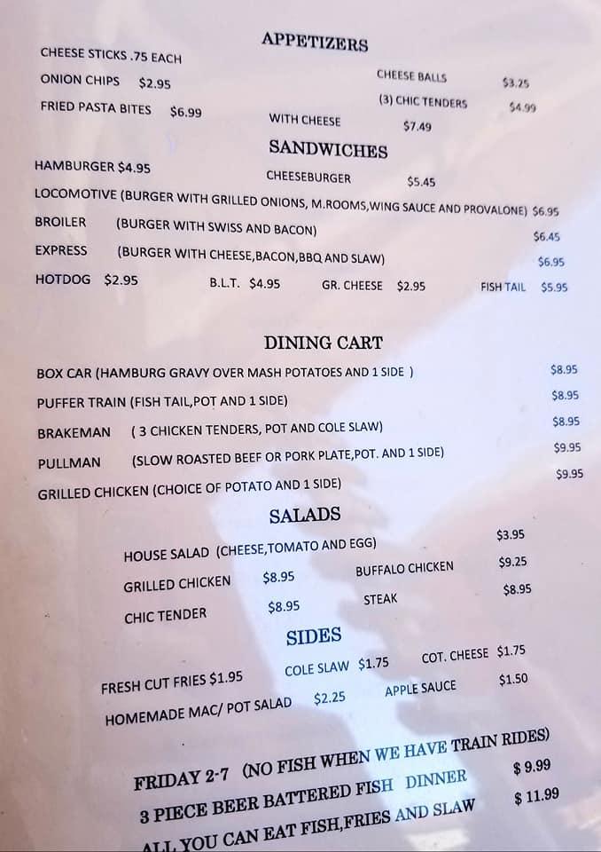 Menu at Over the Rail Diner restaurant, Dennison