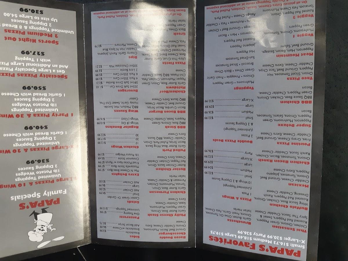 Menu at Papa's Pizza Land pizzeria, Cobourg