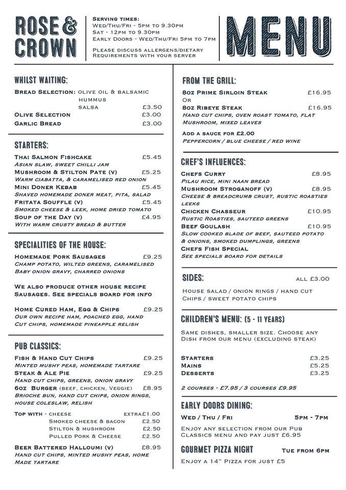 Menu at Rose & Crown pub & bar, Long Clawson