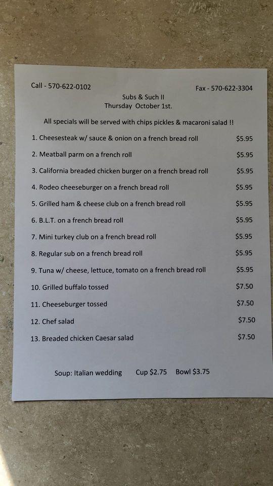 Menu at Subs N' Such restaurant, Pottsville