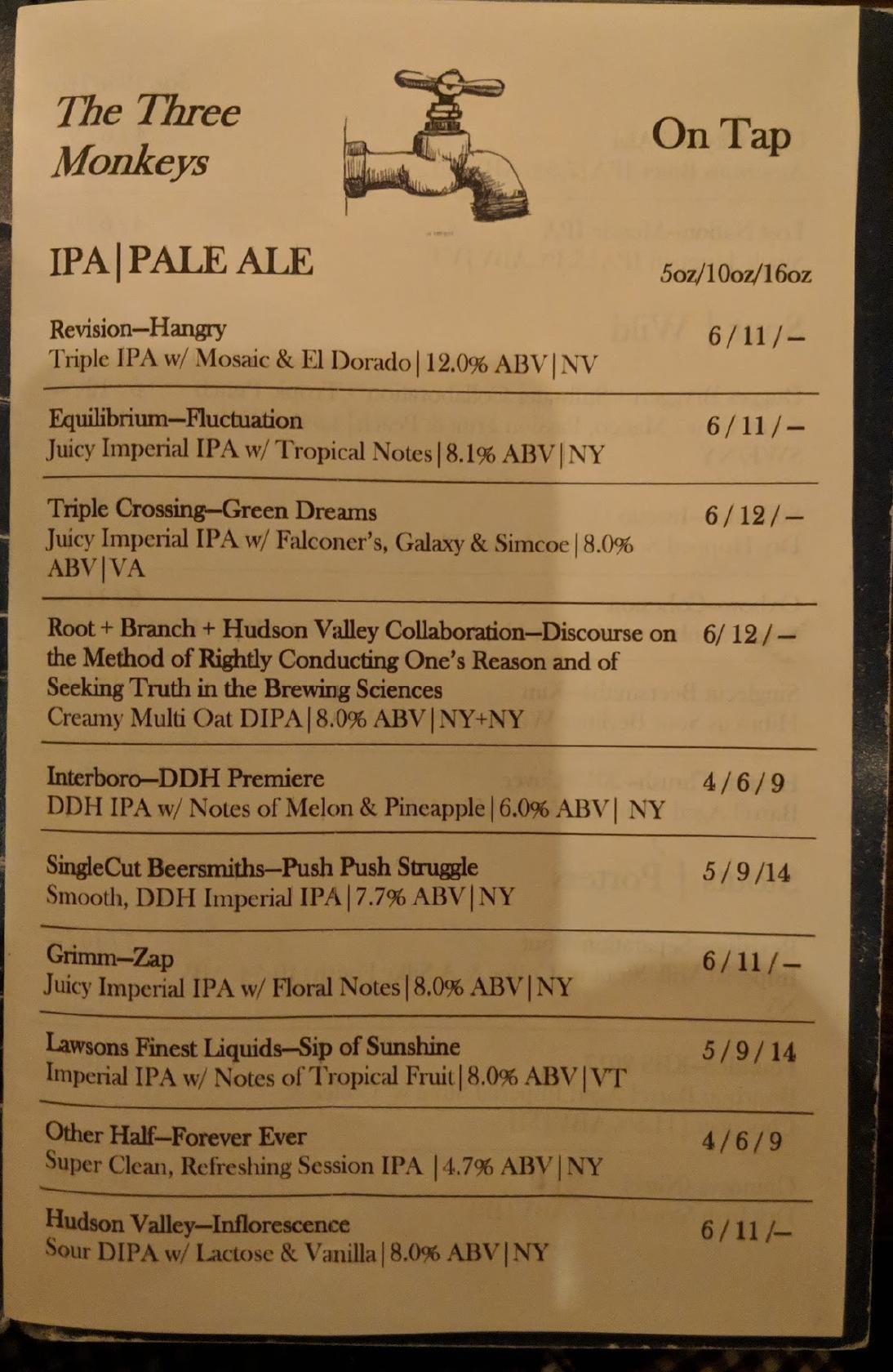 Menu at The Three Monkeys pub & bar, West New York