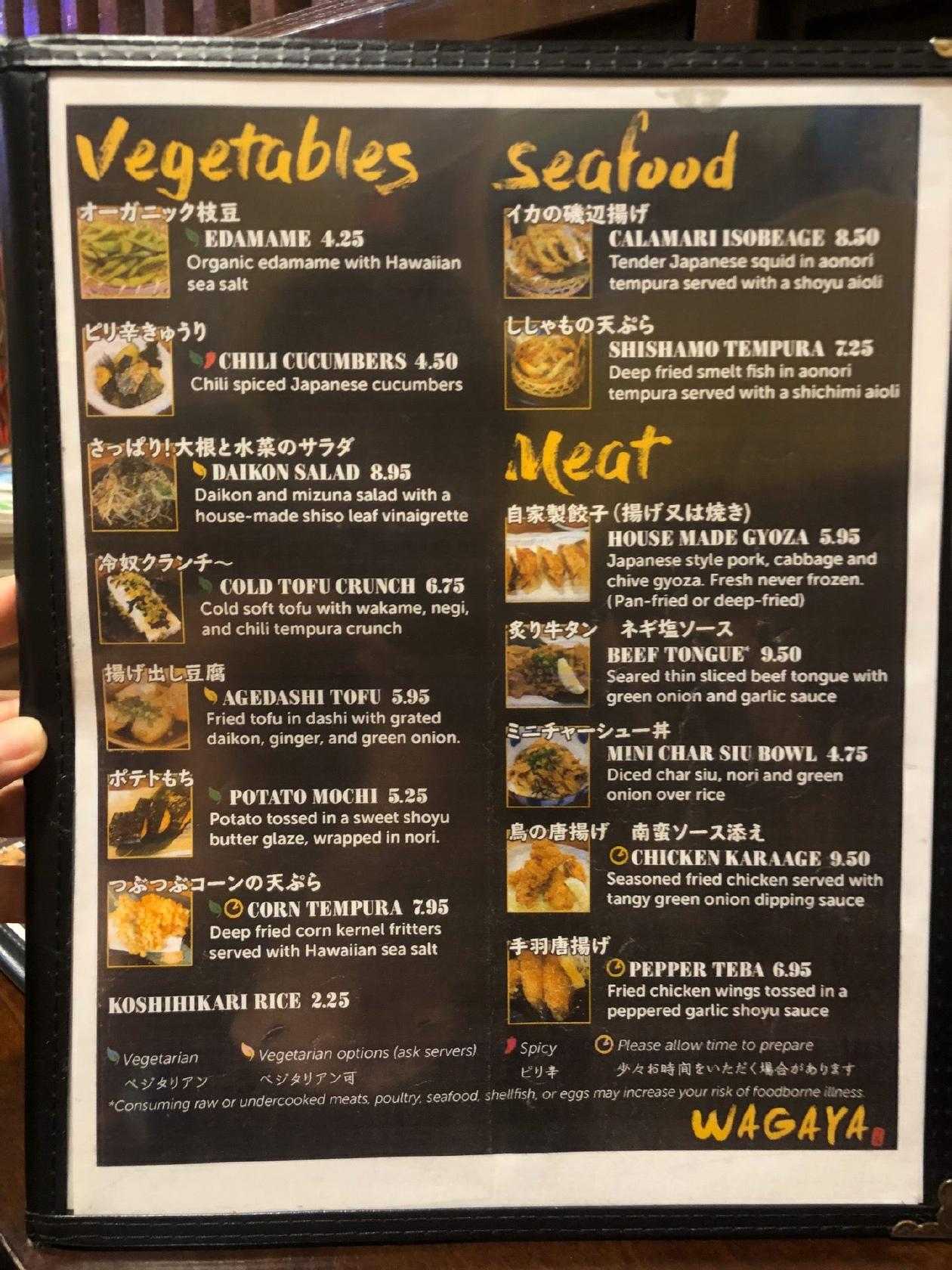 Menu at Wagaya restaurant, Honolulu