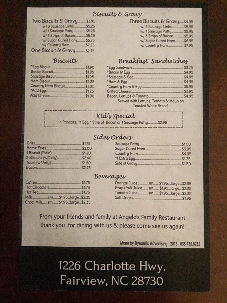 Menu at Angelo's Family Restaurant, Fairview
