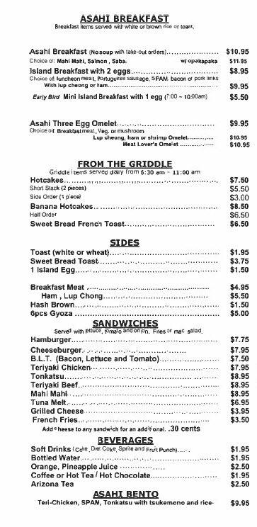Menu at Asahi Grill Ward restaurant, Honolulu, 515 Ward Ave