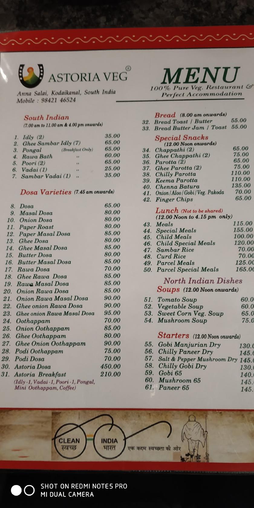Menu at Astoria Veg Restaurant @ Hotel Astoria, Kodaikanal