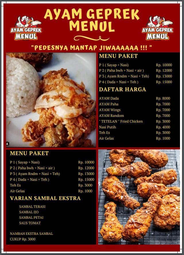Menu at AYAM AYAM GEPREK MENUL, Gst.Situt Mahmud restaurant, Pontianak ...