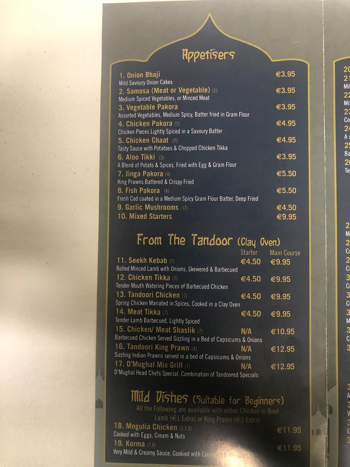 Menu at D’Mughals restaurant, Mallow