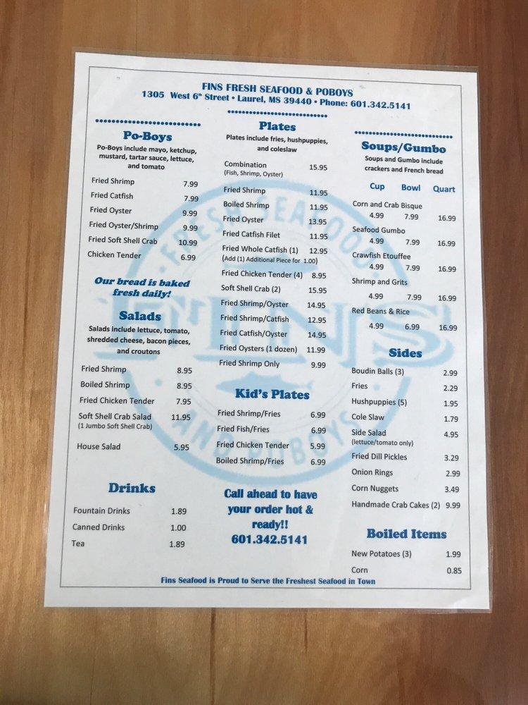 Menu at Fins Fresh Seafood and Po Boys restaurant, Laurel